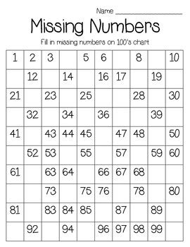 Number Chart Fill In Missing Numbers