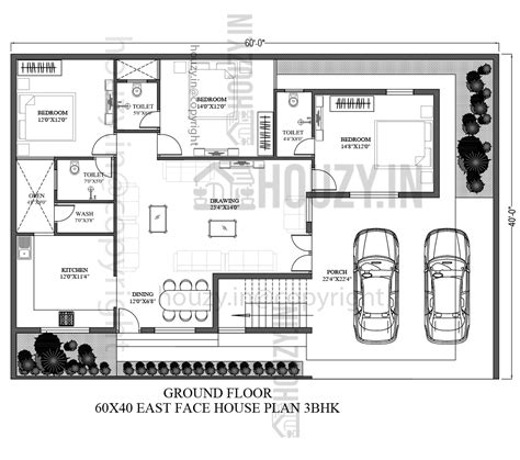 60 X 40 East Facing House Plans 60 40 3BHK East Facing Plan HOUZY IN
