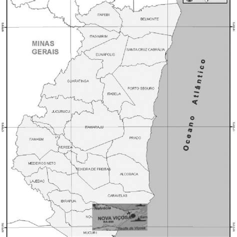 Mapa da Região do Extremo Sul da Bahia destaque para o município