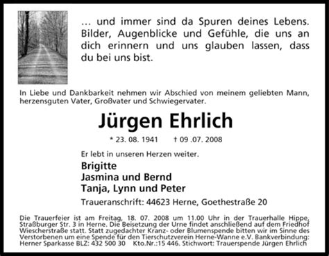 Traueranzeigen von Jürgen Ehrlich Trauer in NRW de