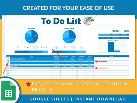 To Do List Google Sheets Checklist Template For Tracking Tasks Etsy