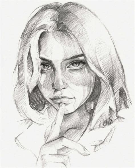 A Pencil Drawing Of A Woman S Face With Her Finger To Her Mouth And The