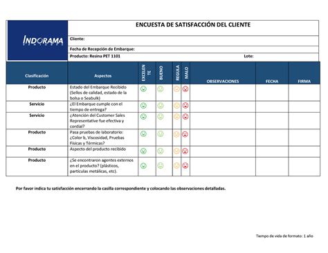 Encuesta de satisfacción del cliente Tiempo de vida de formato 1 aÒo