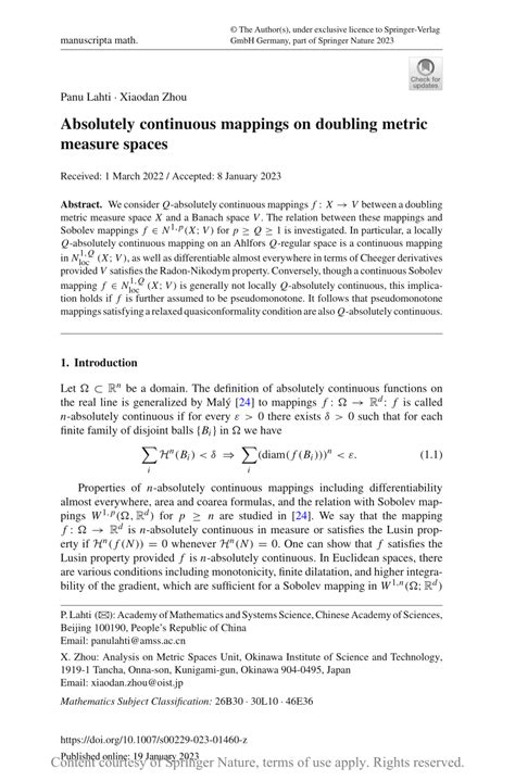 absolutely continuous mappings on doubling metric measure spaces request pdf
