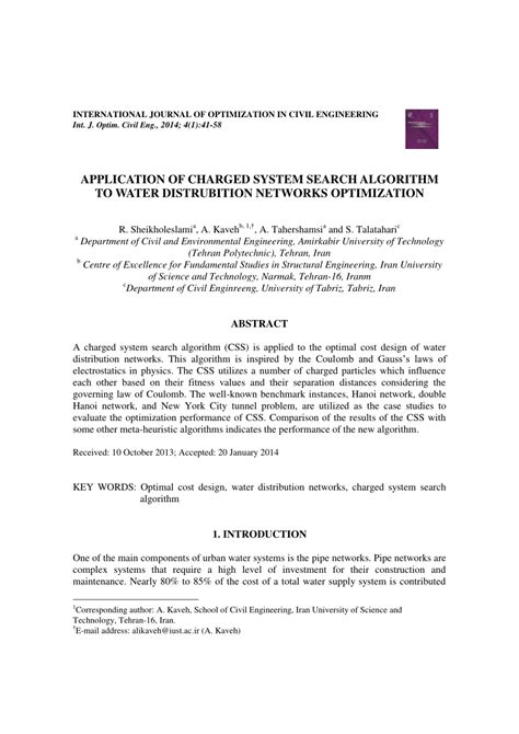 pdf application of charged system search algorithm to water distribution networks optimization