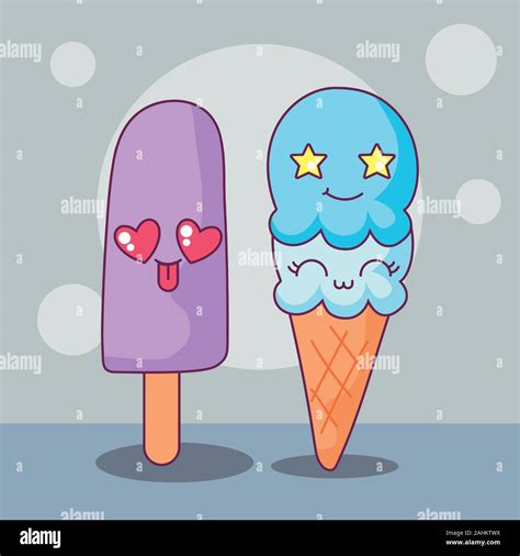 Helados y paletas cartoon diseño Kawaii expresión lindo y divertido