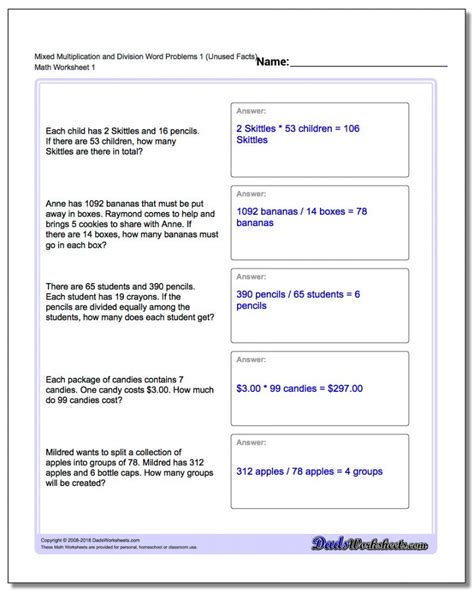 6th Grade Math Word Problems Worksheets