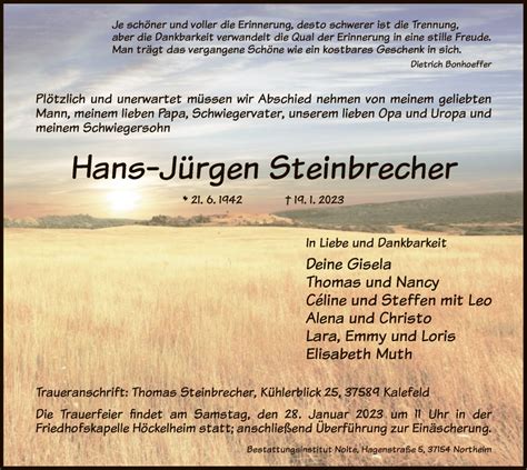 Traueranzeigen von Hans Jürgen Steinbrecher Trauer HNA de