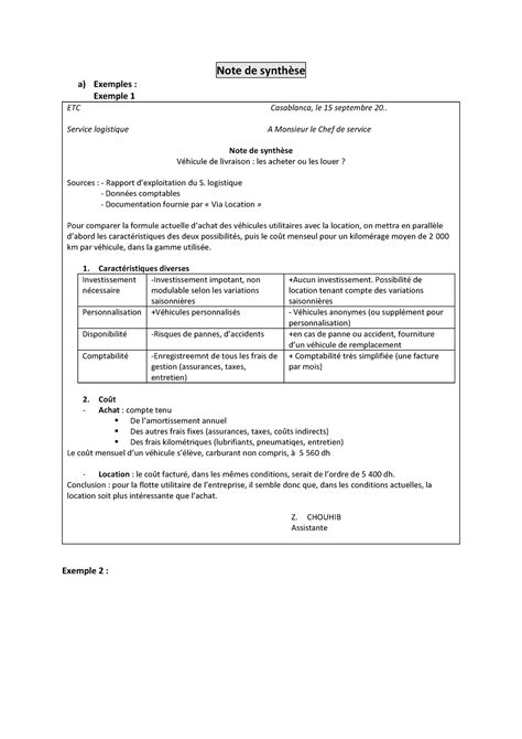Note de synthèse communication Note de synthèse a Exemples