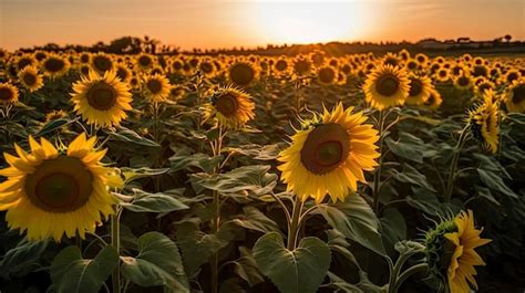 Un campo de girasoles al atardecer con la puesta de sol detrás de él
