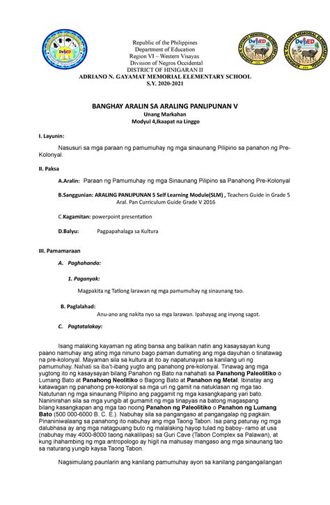 Banghay Aralin Sa Aral Pan Republic Of The Philippines Department