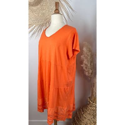Robe Bohème Orange Coton Broderie Anglaise Grande Taille
