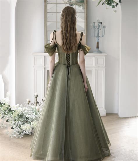 Green Tulle Long A Line Prom Dress Beautiful Off Shouder Evening Dress