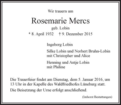 Traueranzeigen von Rosemarie Mercs Trauer Lüneburg de