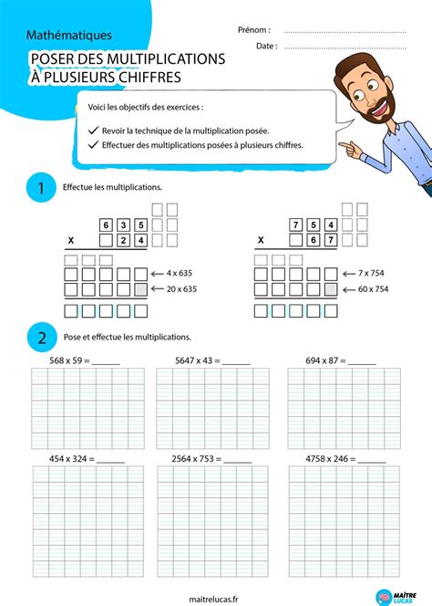Exercices Multiplications posées à plusieurs chiffres Maître Lucas