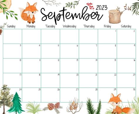 EDITABLE September 2024 Calendar Back To School Cute Fox Beautiful