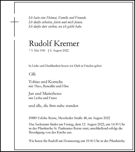 Traueranzeigen Von Rudolf Kremer Trauer In NRW De