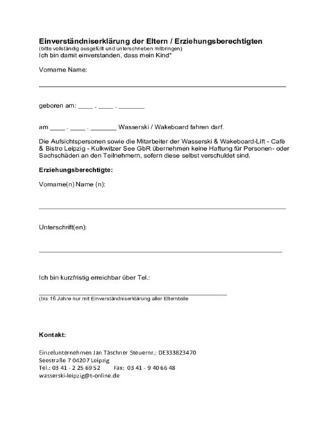 Ausfüllbar Online Einverstndniserklrung der Eltern