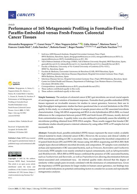 pdf performance of 16s metagenomic profiling in formalin fixed paraffin embedded versus fresh