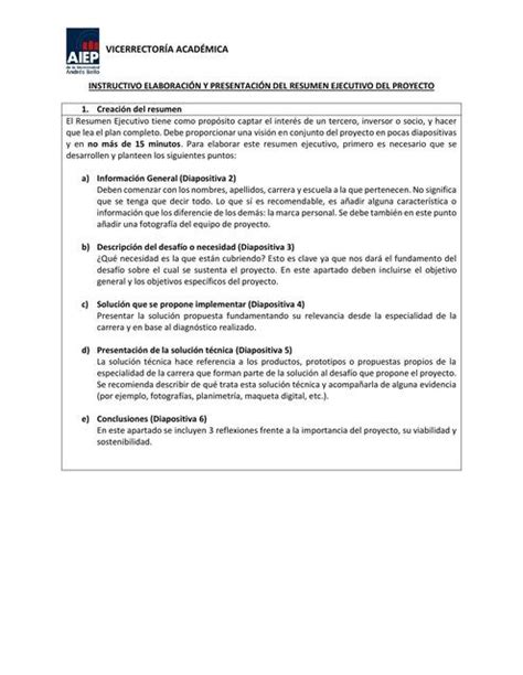 Instructivo Elaboración y Presentación Resumen Ejecutivo del Proyecto