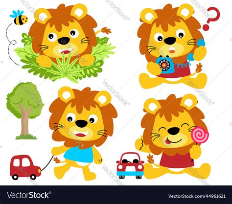Set Of Cute Lions Cartoon In Different Activity Vector Image