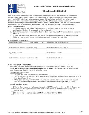 Fillable Online Ccny Cuny 2016 2017 Custom Verification Worksheet Fax