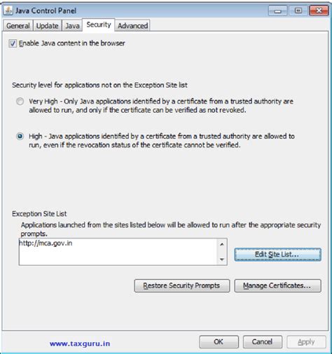 how to do java setting for mca portal step by step