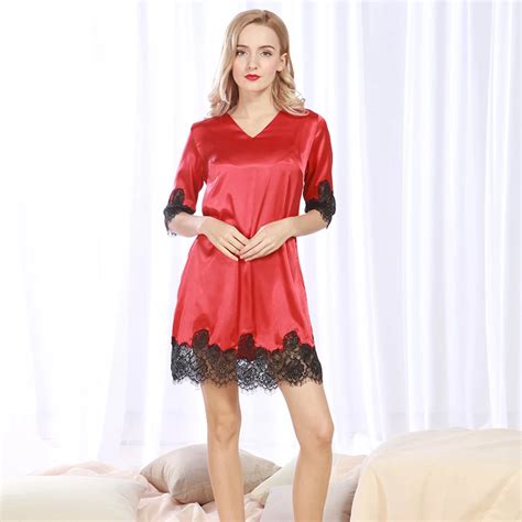 Women Sexy Silk Satin Nightdress Half Sleeve Nightgown Lace Sleepshirt V Neck Sleep Dress