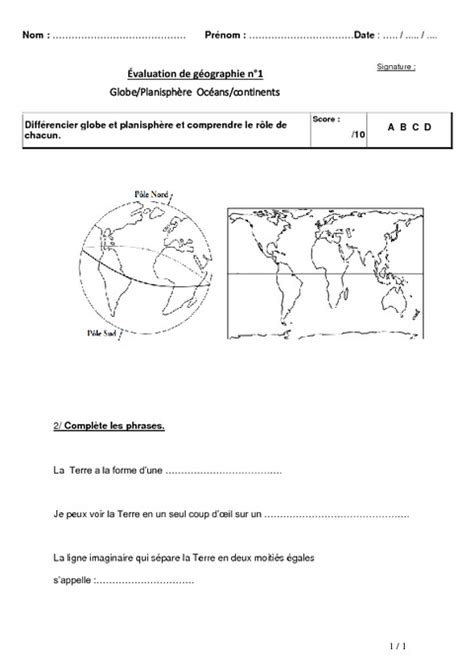 Globe Planisphère Océans Continents Evaluation Ce2 Pass
