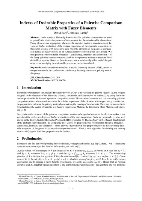 pdf indexes of desirable properties of a pairwise comparison matrix with fuzzy elements