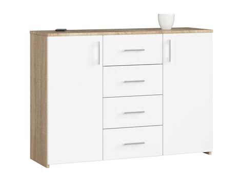 Commode AKORD K45 Chêne Sonoma 110 cm 2 portes 4 tiroirs façade Blanche
