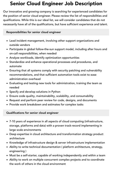 Senior Cloud Engineer Job Description Velvet Jobs