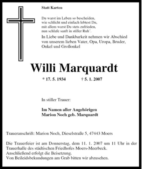 Traueranzeigen Von Willi Marquardt Trauer In NRW De