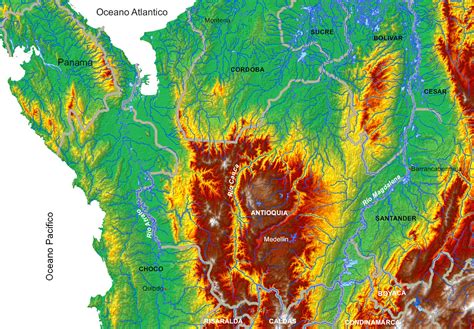 Mapa físico de Antioquia Tamaño completo