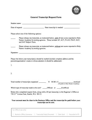 Fillable Online Holynames Sea Transcripts General Transcript Request