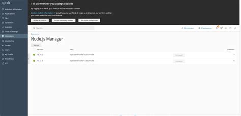 which node js versions are available and supported in plesk plesk