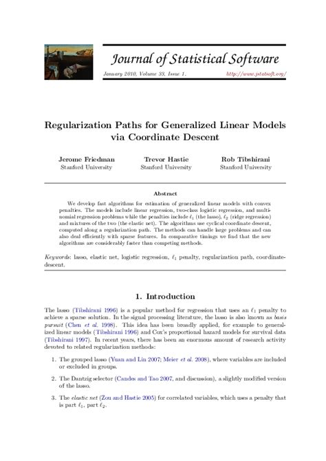 pdf regularization paths for generalized linear models via coordinate descent rob tibshirani