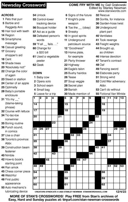 Newsday Crossword Puzzle For Dec By Stanley Newman Creators