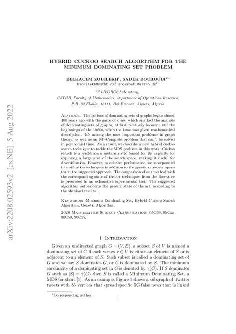 pdf hybrid cuckoo search algorithm for the minimum dominating set problem sadek bouroubi