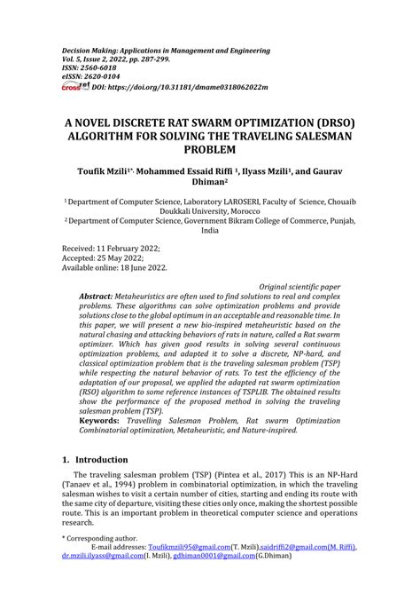 pdf a novel discrete rat swarm optimization drso algorithm for solving the traveling
