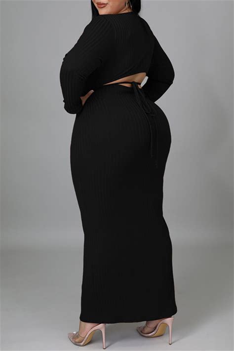 Wholesale Black Fashion Casual Solid Bandage Hollowed Out O Neck Long Sleeve Plus Size Dresses