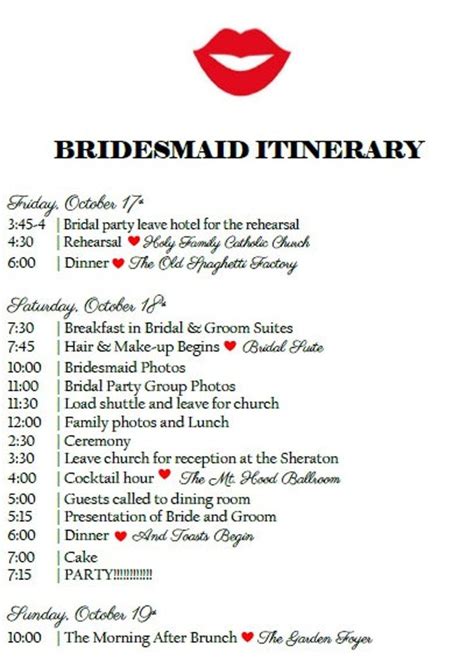 A Wedding Itinerary With Red Lips