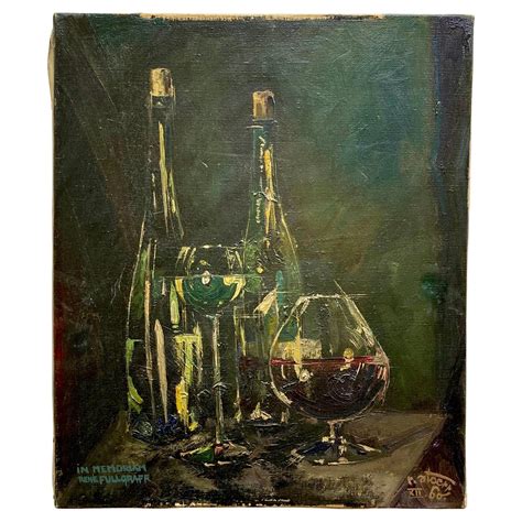 Mid Century Modern French Original Signed Oil Panting Of Wine Still
