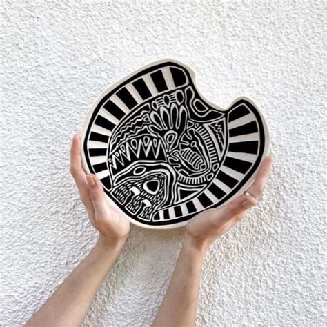 Uniquely Designed Handmade Amorphous Sgraffito Ceramic Black White