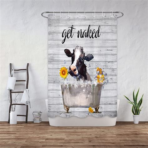 Amazon ECOTOB Get Naked Cow Shower Curtain Funny Farmhouse Cow
