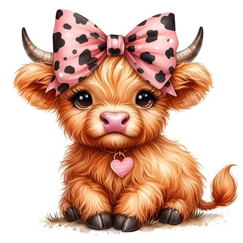 Highland Cow Watercolor Clipart Cute Leopard Bow Baby Cow PNG And