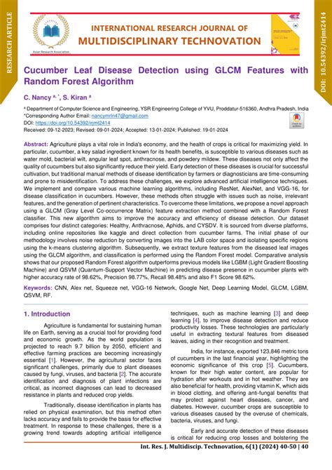 pdf cucumber leaf disease detection using glcm features with random forest algorithm