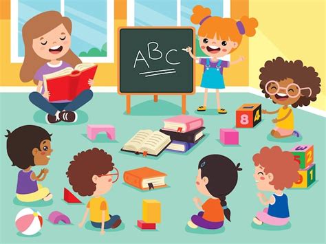 Niños y maestra en jardín de infantes Vector Premium