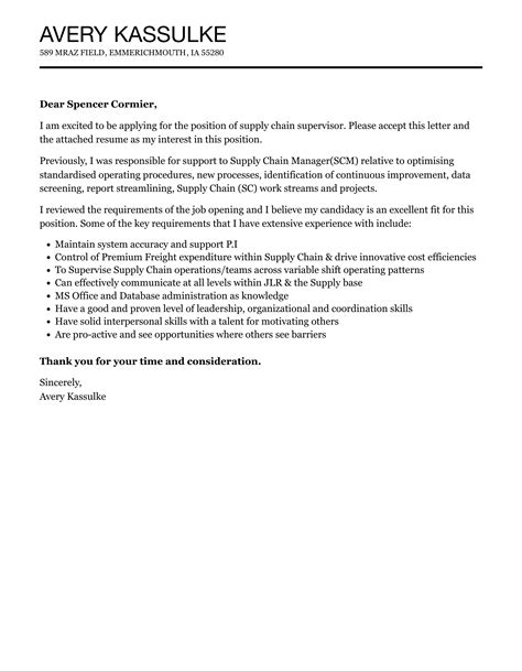 Supply Chain Supervisor Cover Letter Velvet Jobs