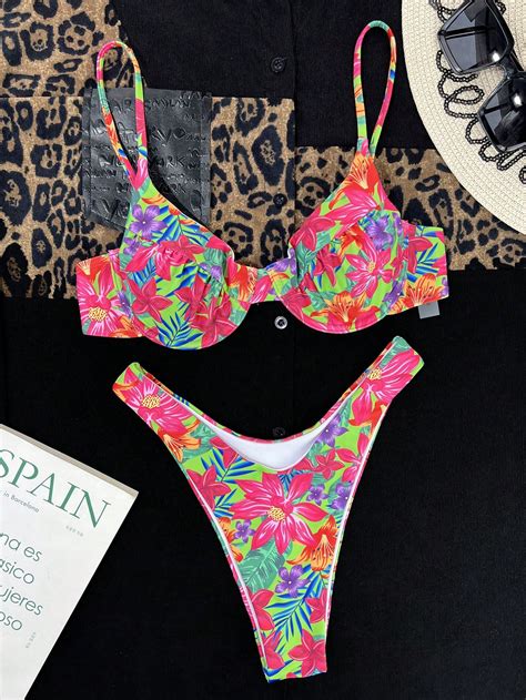 SHEIN Swim Vcay Bañador bikini con estampado tropical con aro corte